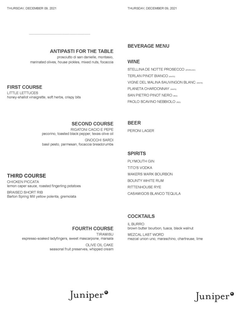 Event Menus - Juniper Italian Cuisine