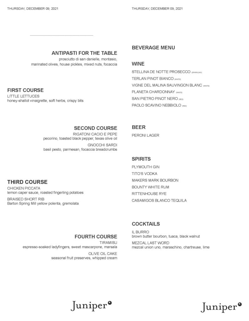 Event Menus - Juniper Italian Cuisine