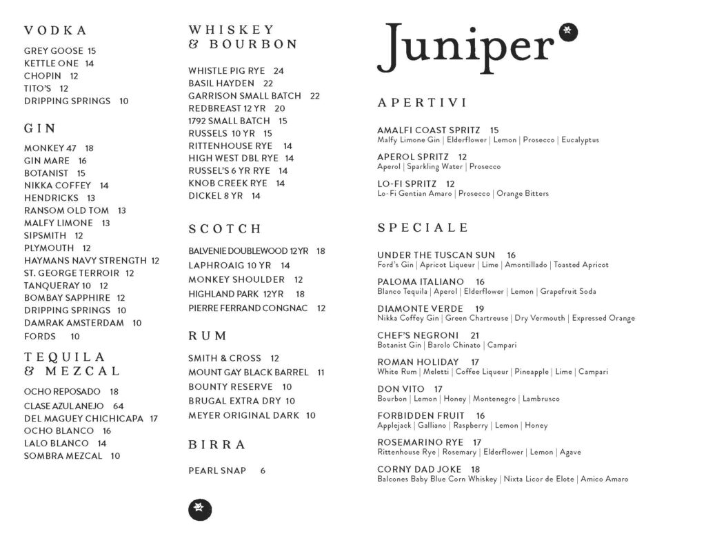 Beverage Menu - Juniper Italian Cuisine