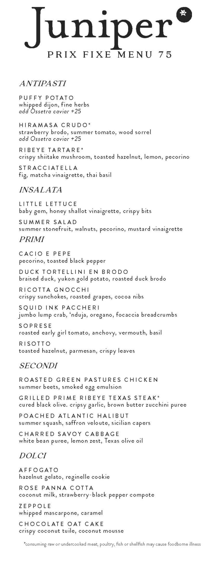 Prix Fixe Menu - Juniper Italian Cuisine
