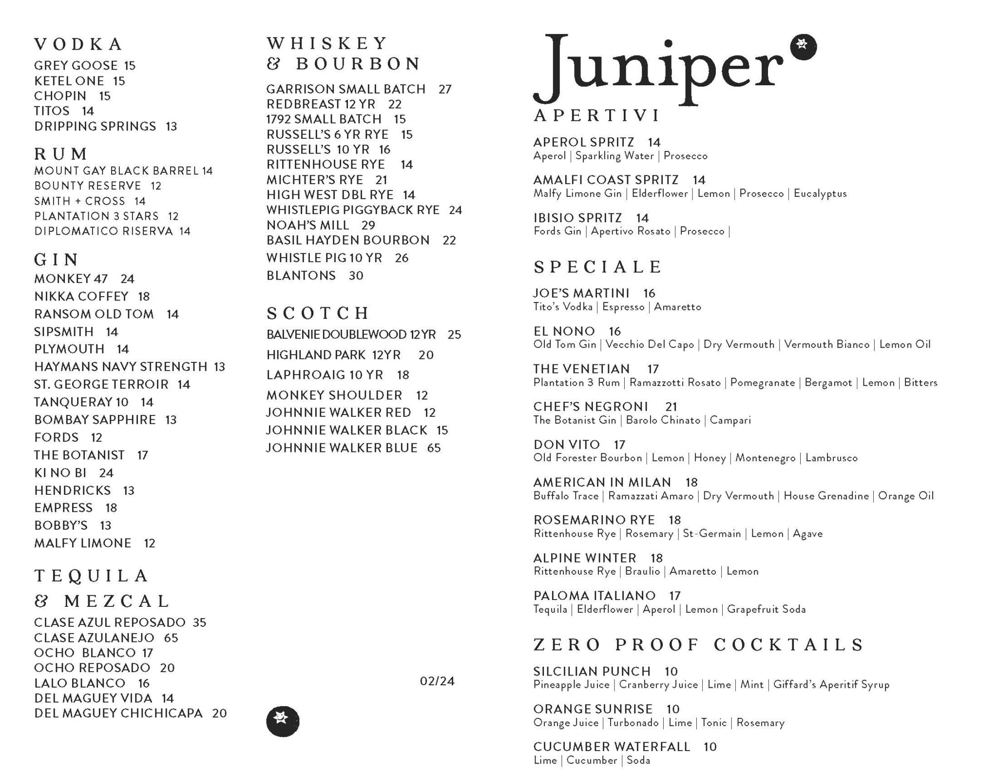 Beverage Menu - Juniper Italian Cuisine