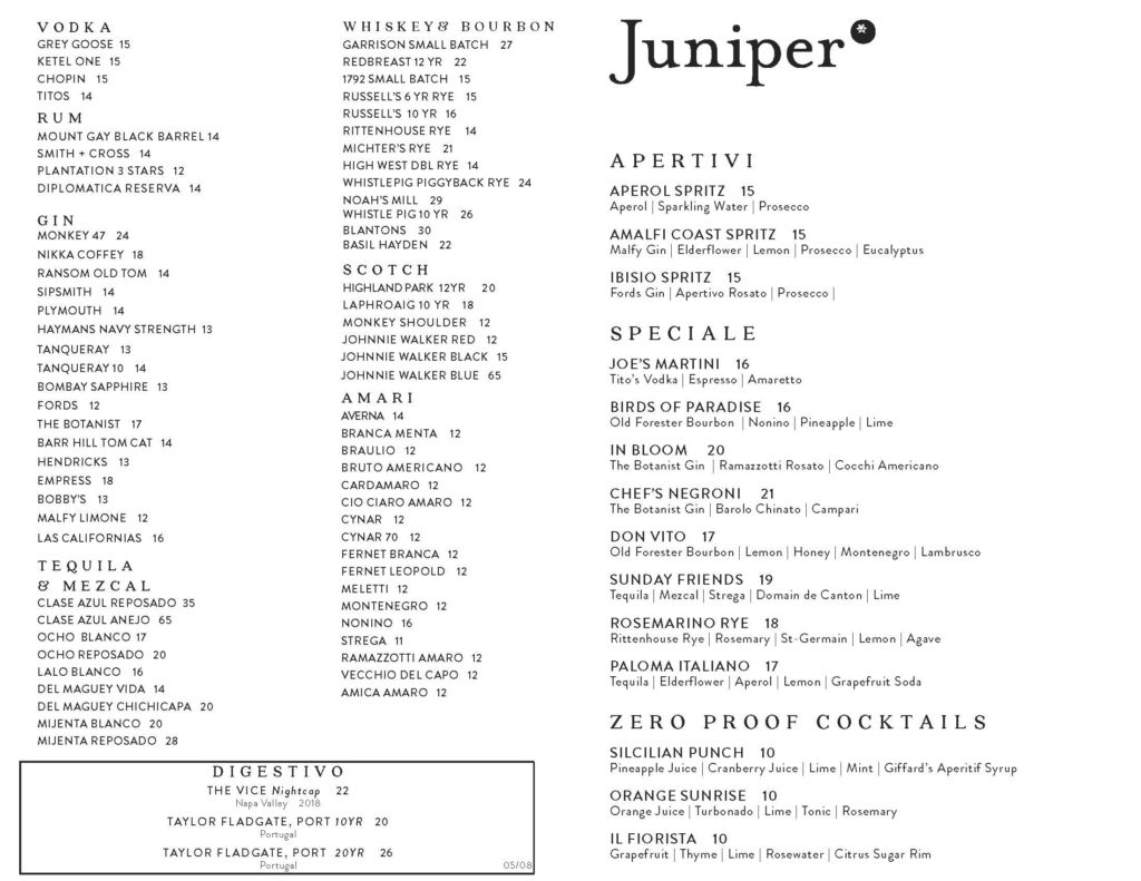 Beverage Menu - Juniper Italian Cuisine