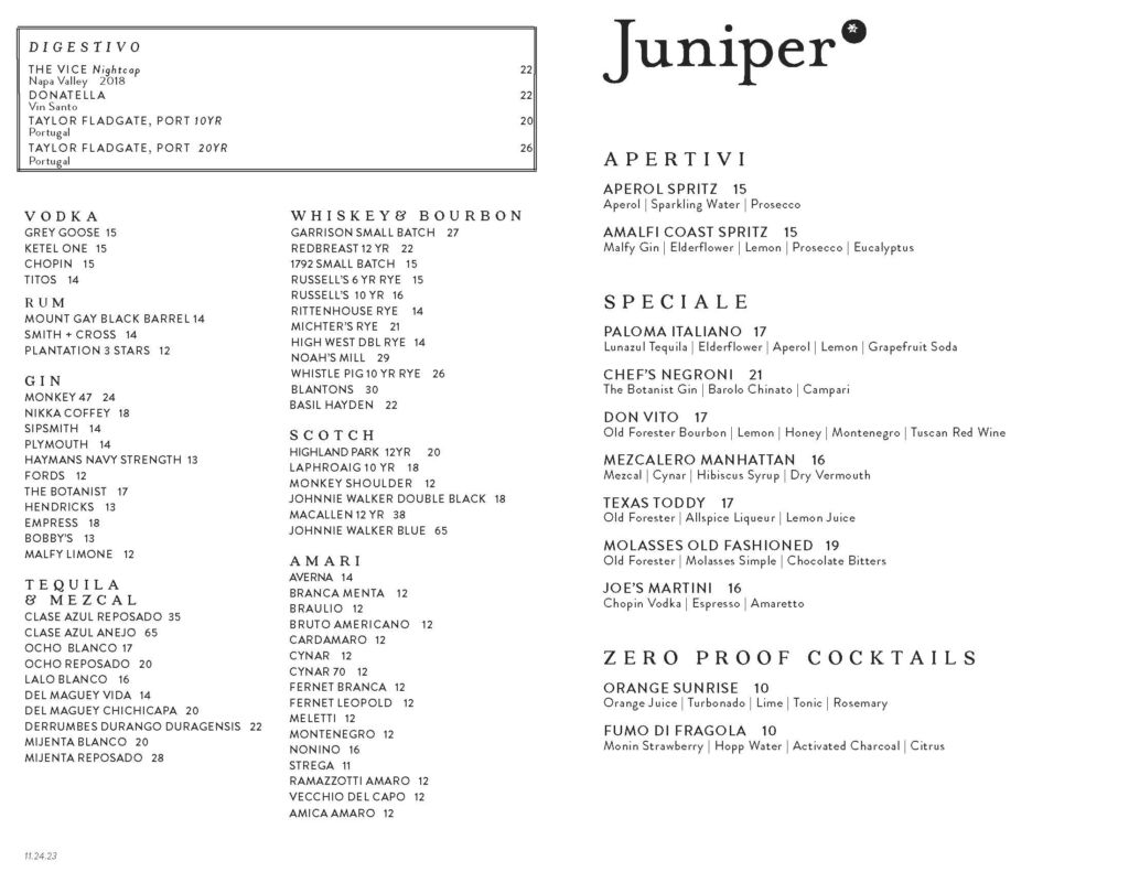 Beverage Menu - Juniper Italian Cuisine
