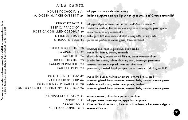 A La Carte Menu - Juniper Italian Cuisine